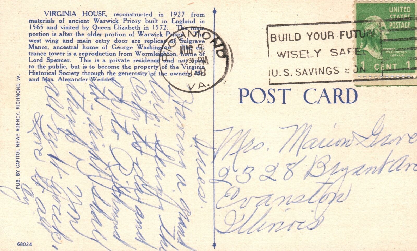 Vintage Postcard 1948 View Gardens of Virginia House Windsor Farms ...