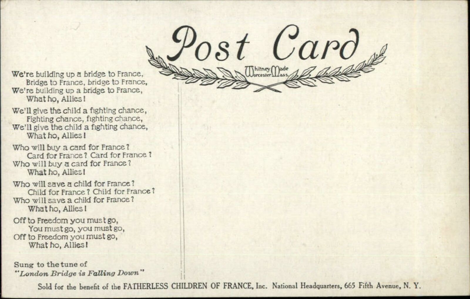 WWI Fatherless Children of France Activism Poem c1915 Whitney Postcard ...