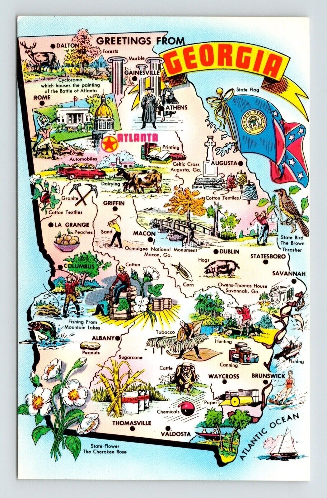 Greetings Georgia Cracker State Map Cities Cherokee Rose Capitol DB ...