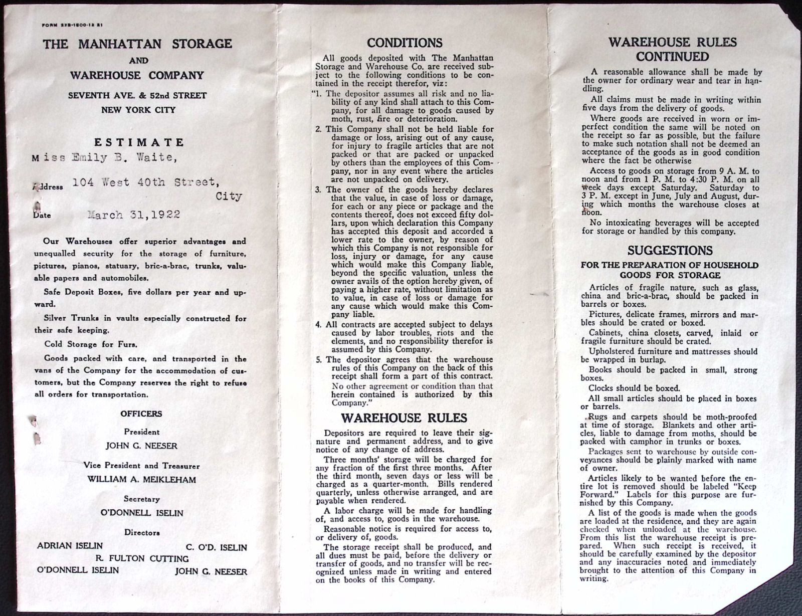 1922 Manhattan Storage & Warehouse Co ILLUSTRATED Contract NEW YORK ...