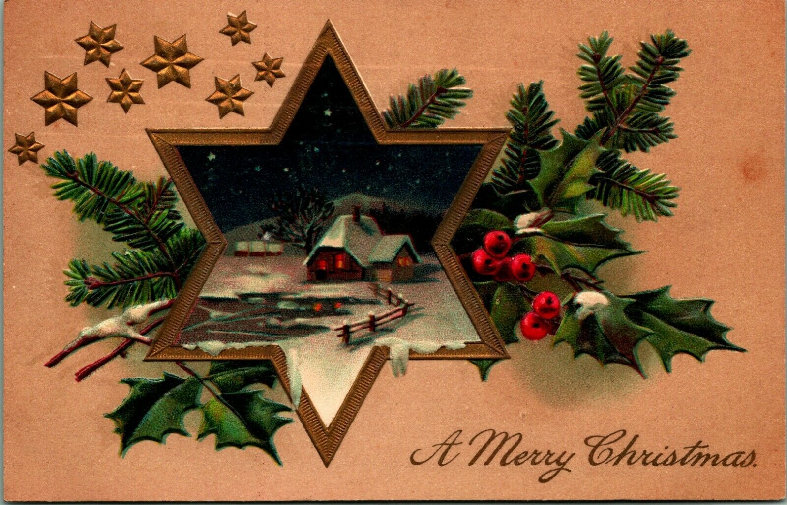 Un Ronde Noël Etoile de David Pin Rameaux Houx Doré en Relief 1908 ...