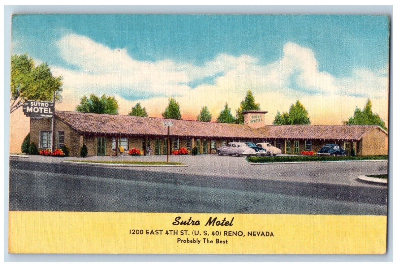 Reno Nevada Postcard Sutro Motel Roadside View Building Classic Car ...