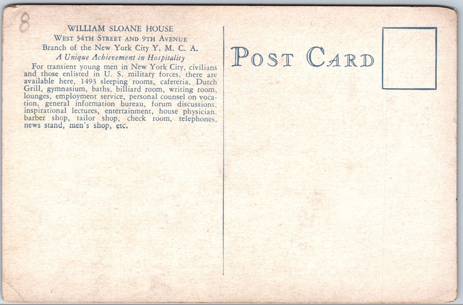 Vintage Postcard William Sloane House Y.M.C.a. West 34th Street New ...