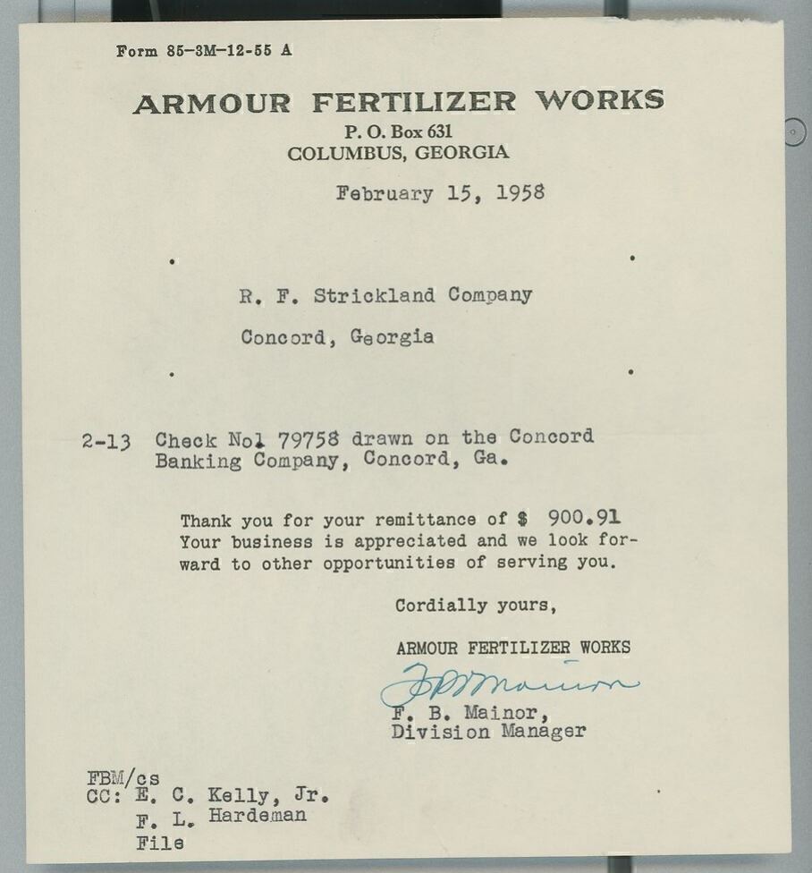 1958 Armour Fertilizer Works Columbus Georgia F.B. Mainor Manager ...