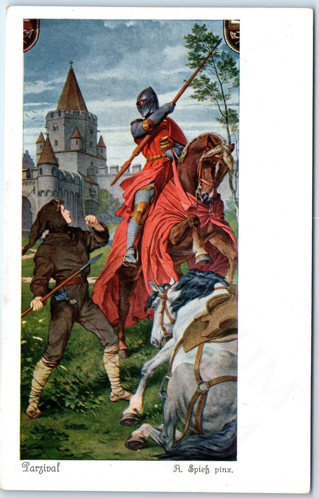 c1900s Parzival Medieval Knight Red Armor Horse Castle Lance King ...