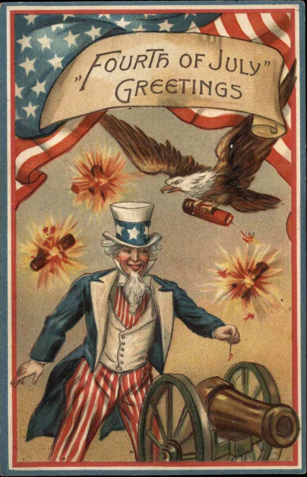 Fourth 4th of July Uncle Sam Eagle Firecrackers Cannon Embossed c1910 ...