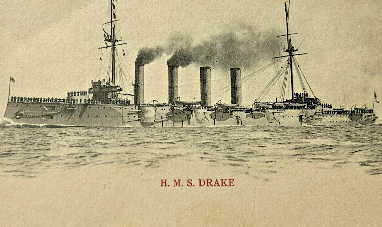 HMS Drake Cruiser Ship Royal Navy Vintage Postcard WWI Era c1905 ...