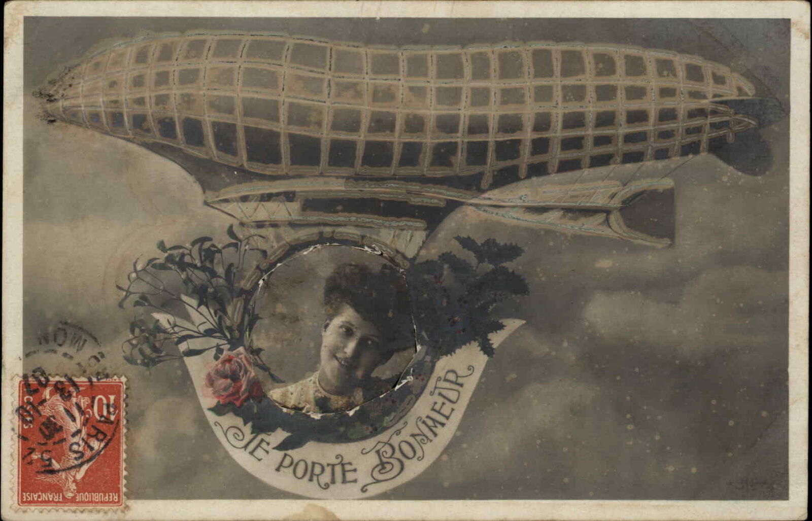 Antique 1907 RPPC Blimp Dirigible AIR SHIP Beautiful Woman STAMP ON ...