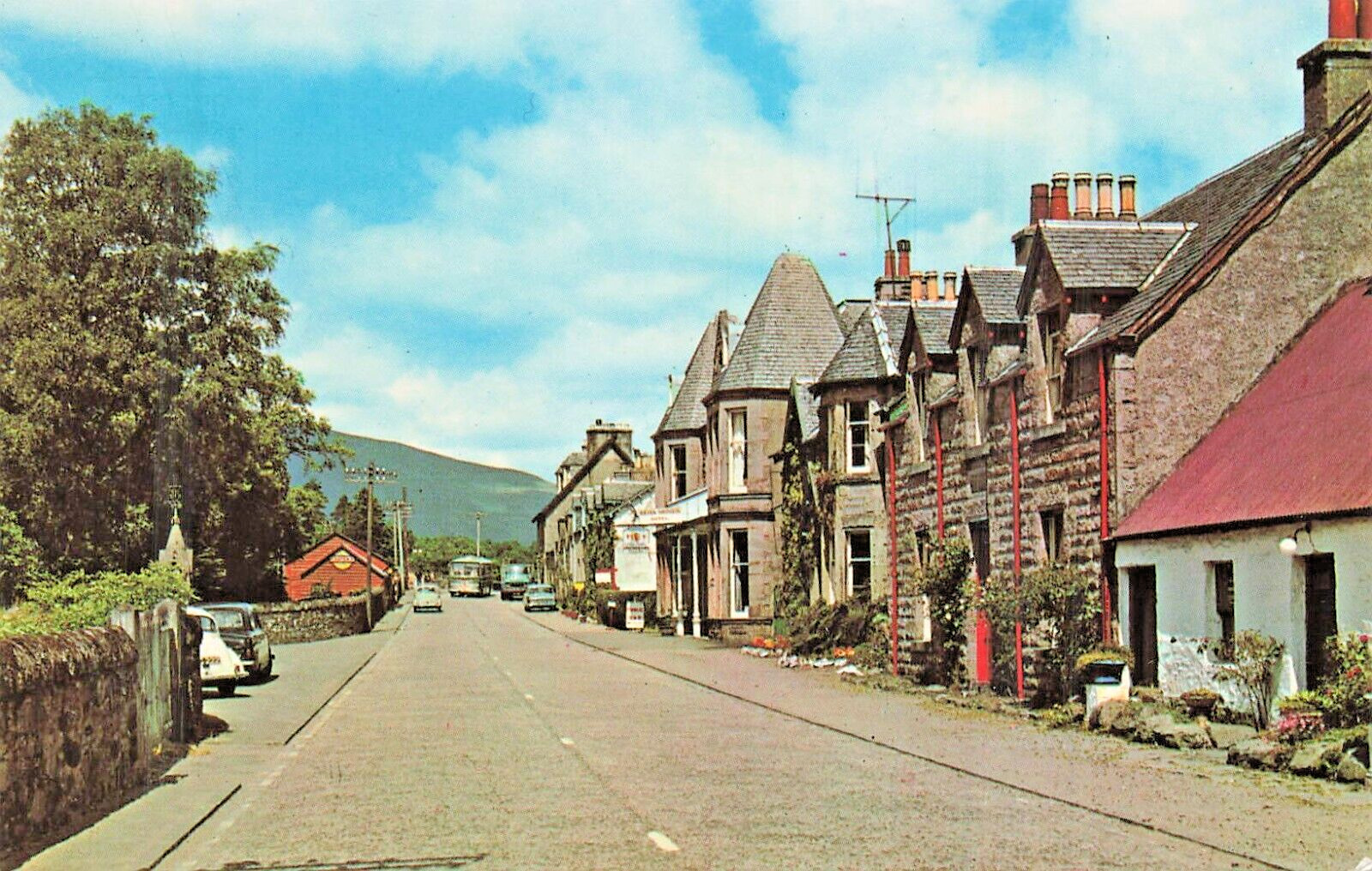 Bonnie Strathyre Scotland~Village View-Bus-Storefronts-Autos~Postcard ...