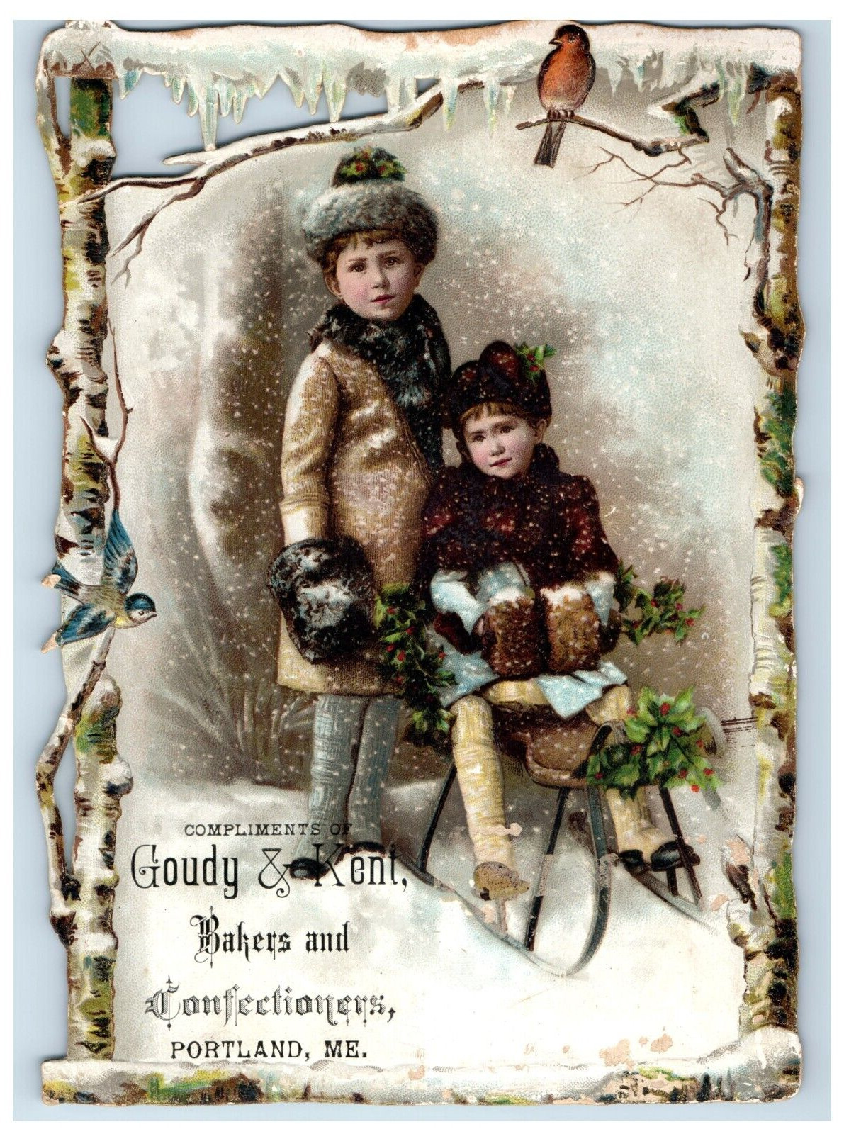 1880s-90s Christmas Die-Cut Goudy & Kent Candy Makers Children Snow ...