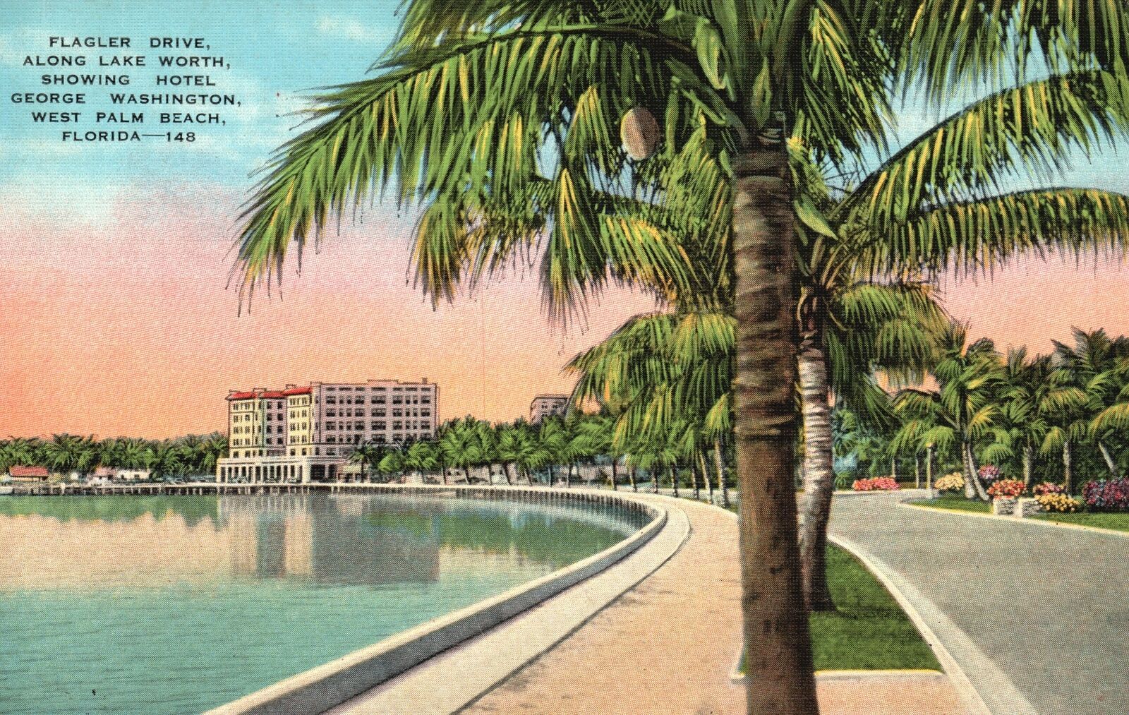 Vintage Postcard 1930's Flagler Drive Lake Hotel Worth West Palm Beach ...