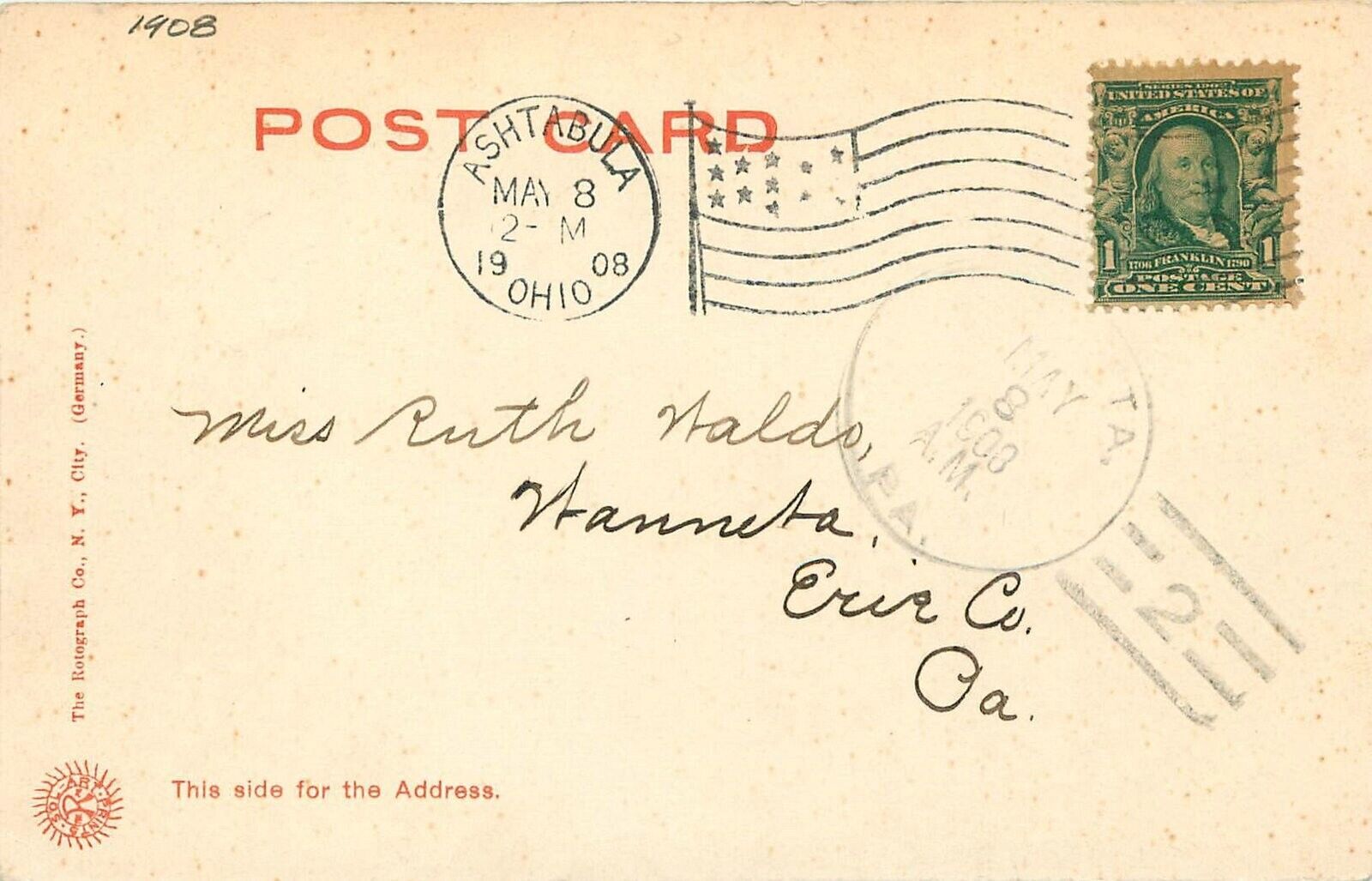 Postcard 1908 Ohio Ashtabula Main Street Spring Rotograph undivided ...