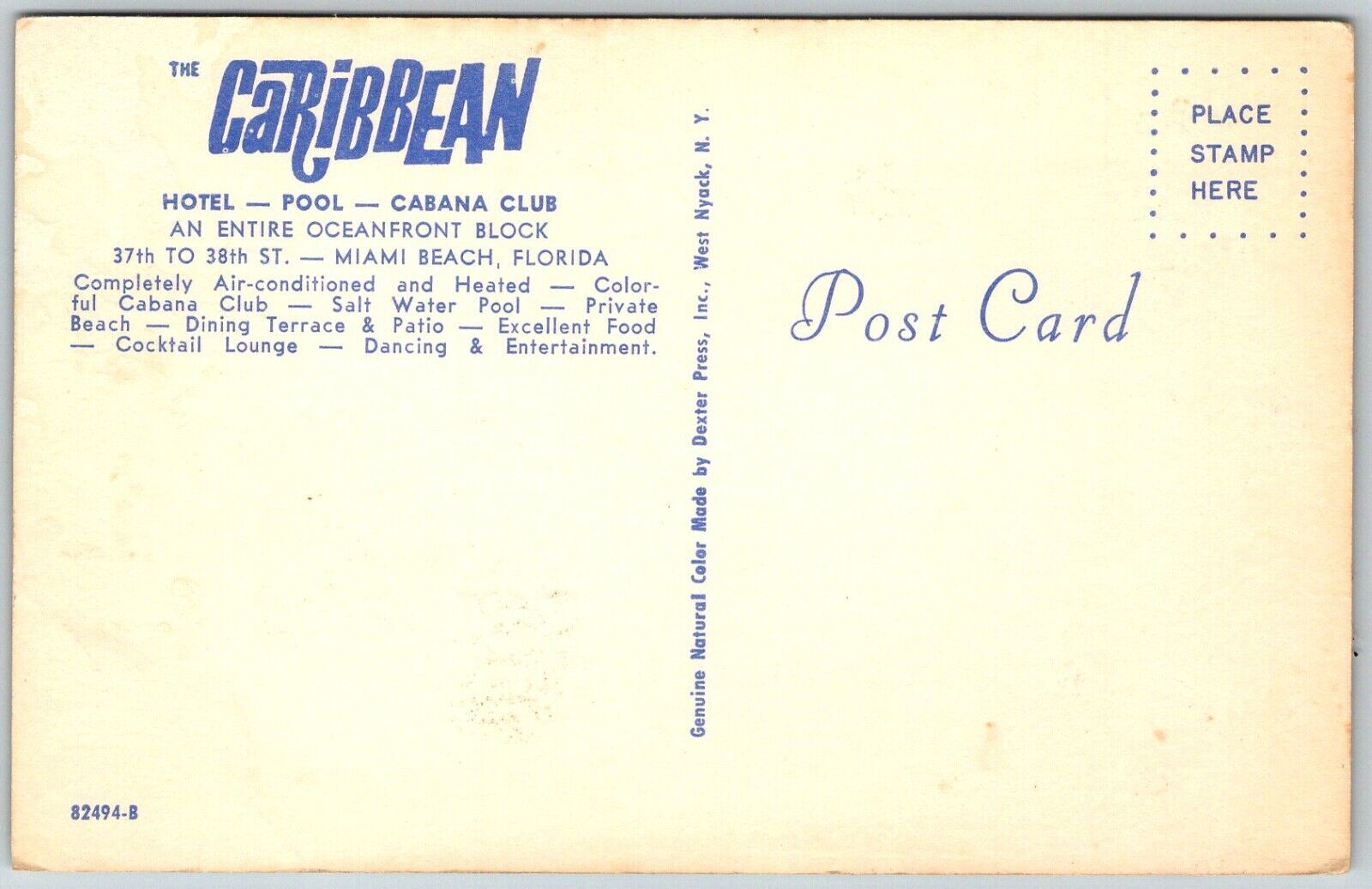Miami Beach Florida 1950s Postcard Caribbean Hotel Pool Cabana Club ...