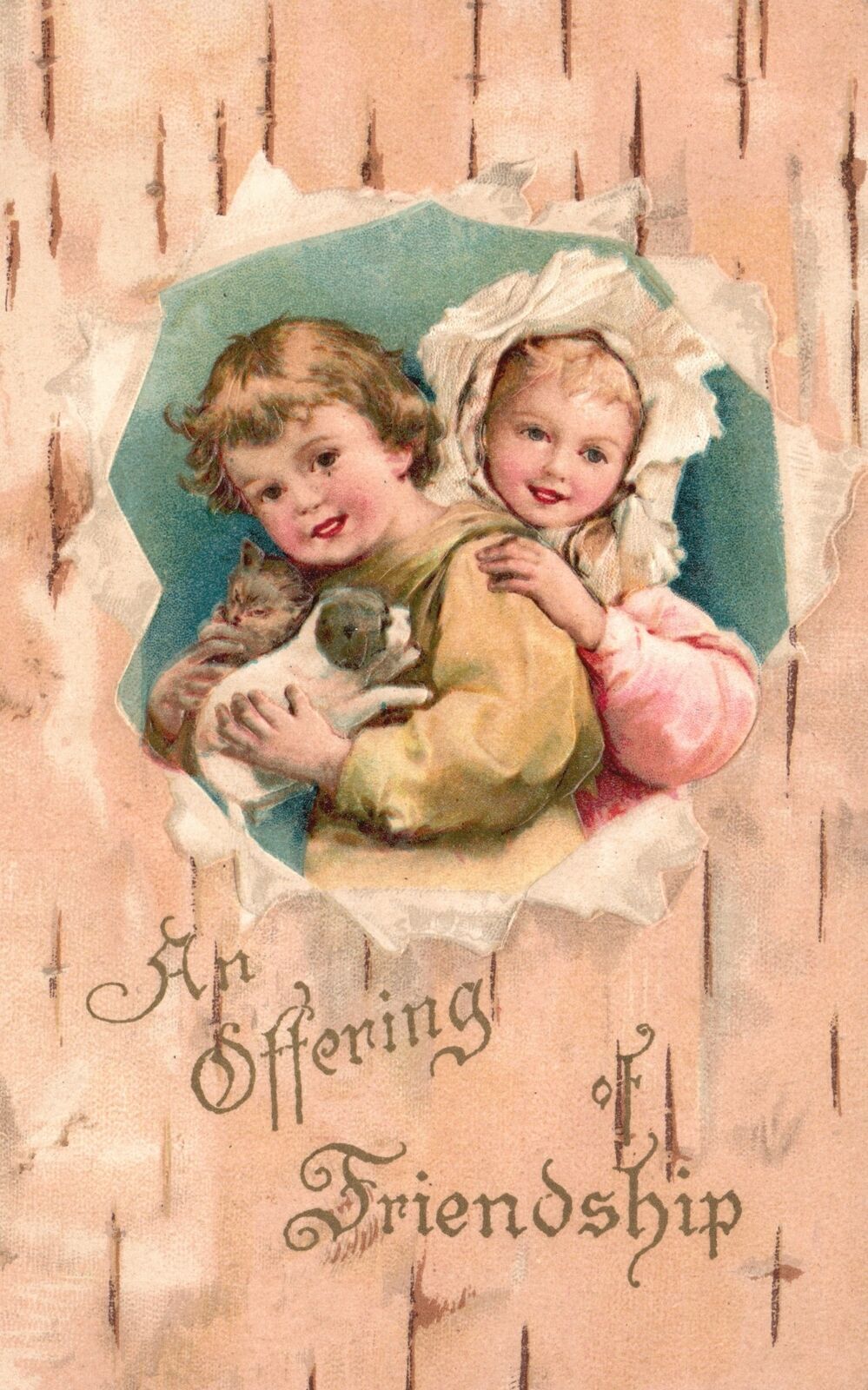 Postcard 1900's An Offering of Friendship Little Boy & Girl with Pets ...