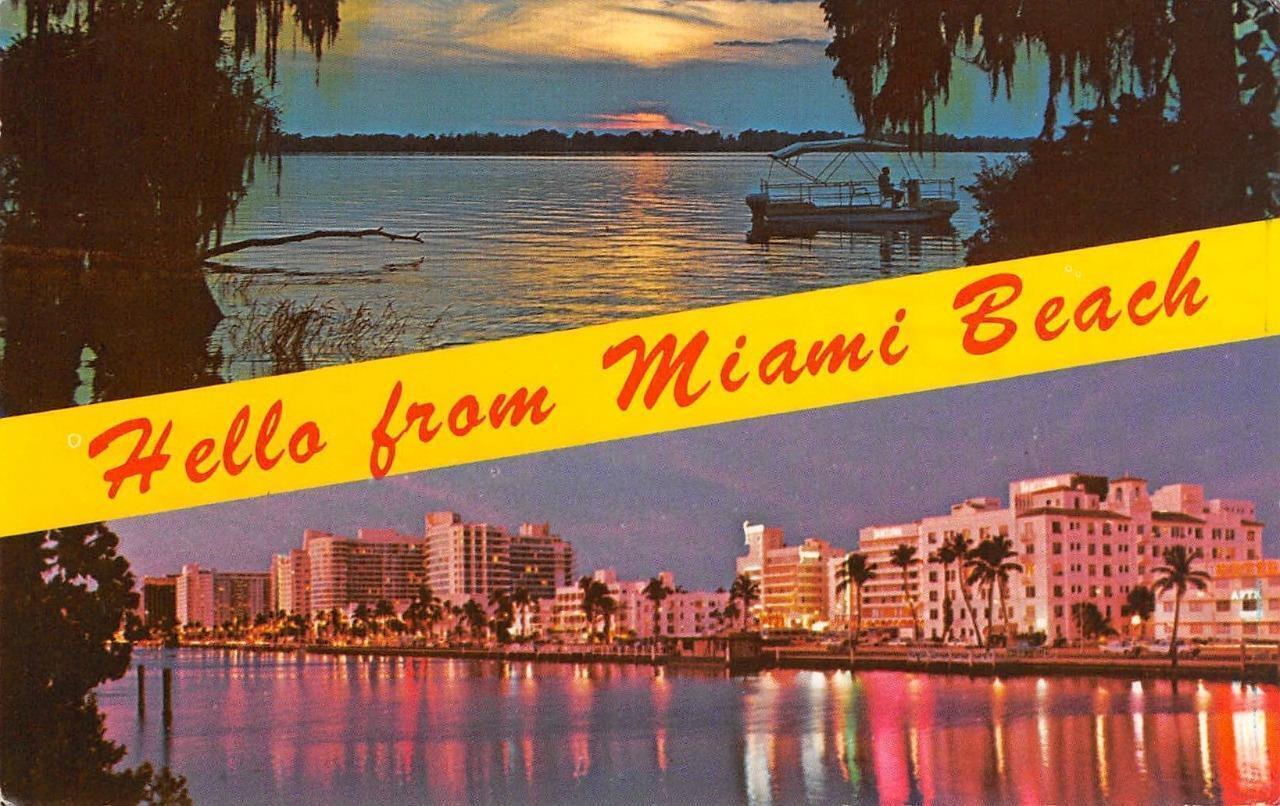 Miami Beach Florida Gran Carta Postal Saludos noche vistas 1975 Vintage ...