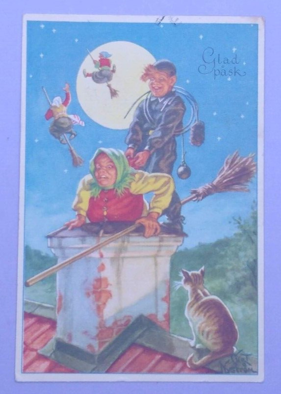 Halloween Easter Witch Stuck In Chimney Flying Tabby Cat Vintage Small ...