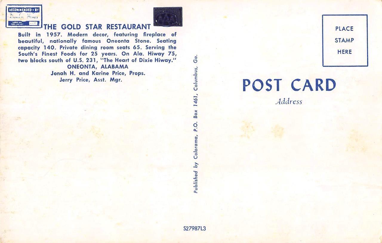 Oneonta, Alabama GOLD STAR RESTAURANT Roadside Diner Jonah Price c1950s ...