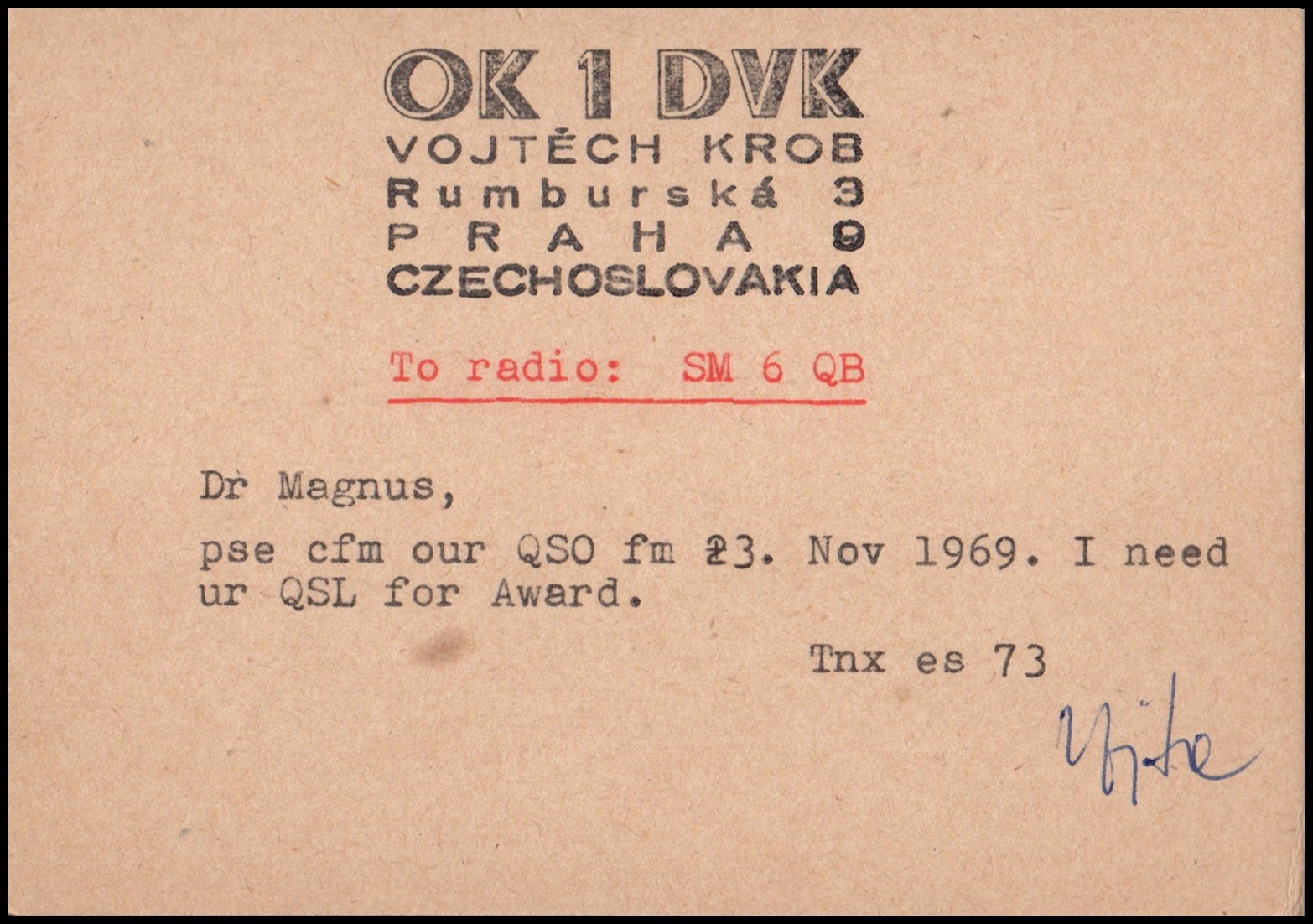 QSL Radio Card call sign OK1DVK from Czechoslovakia 1969(2) | Topics ...
