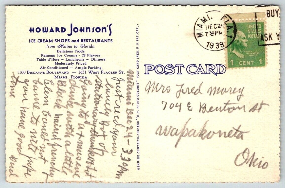 Vintage Postcard - Howard Johnson Hotel Miami, Florida 1939 | United ...
