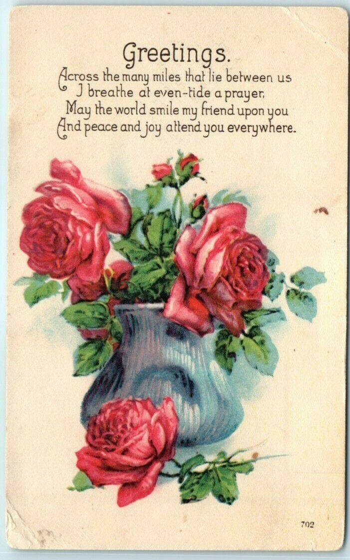 Postcard - Best Wishes Greeting Card with Poem - Vase of Roses/Flowers ...