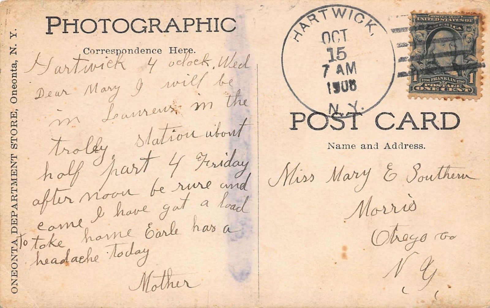 Oneonta, New York, "Oneonta & Mohawk Valley Trolley-1908" Rppc Real ...