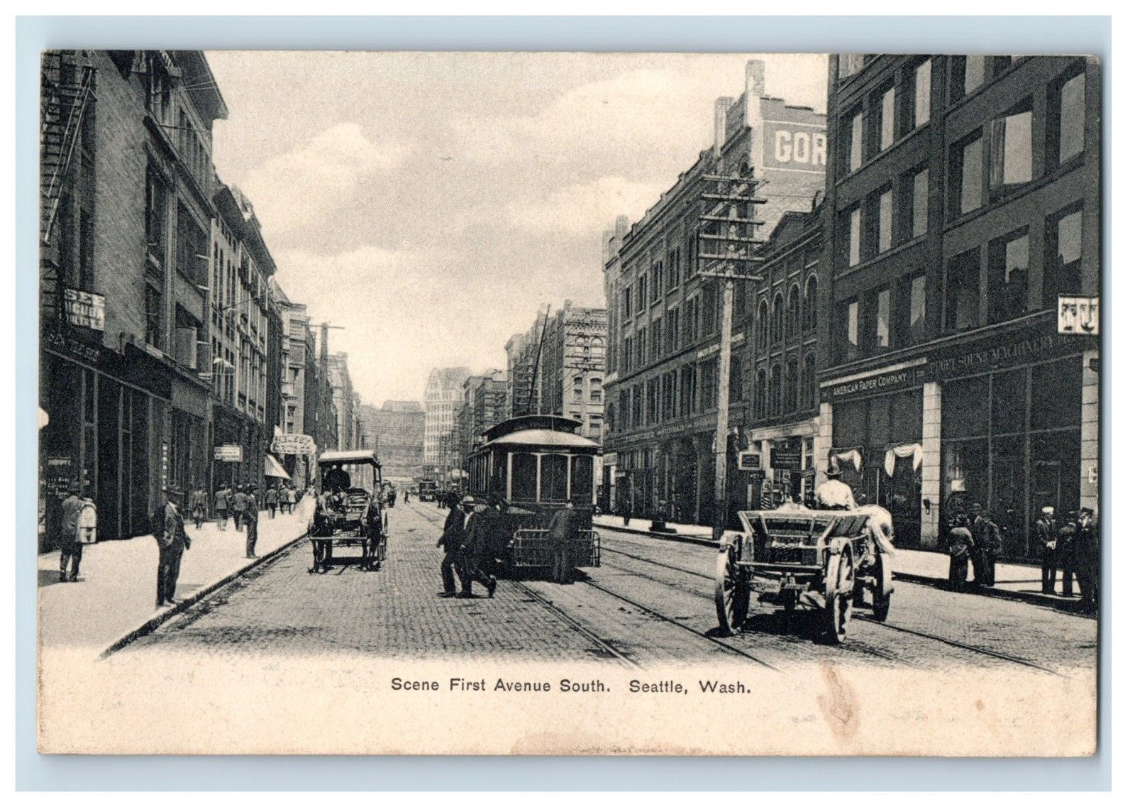 C.1900-07 First Ave. Seattle, WA Trolly Signs Carts Wagons Buildings ...