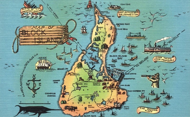 Vintage Postcard Map of Block Island Rhode Island Daily Trips Fishing ...