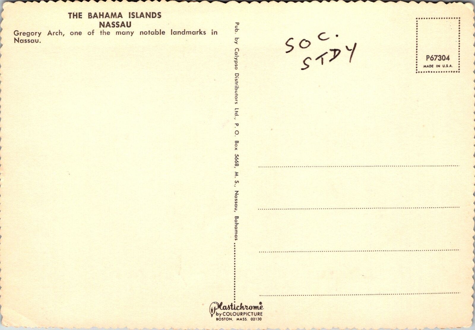 Continental Size Postcard Famous Gregory Arch the Bahama Islands Nassau ...