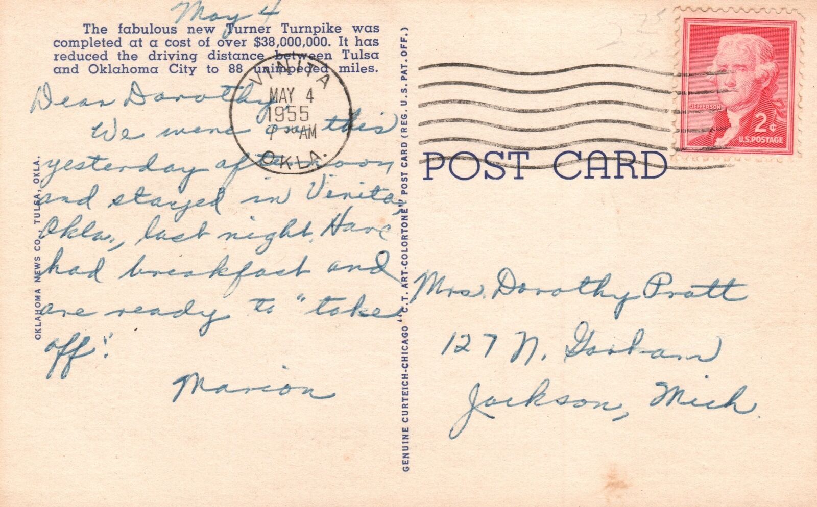 Vintage Postcard 1955 View of The Tulsa Entrance To The Turner Turnpike ...