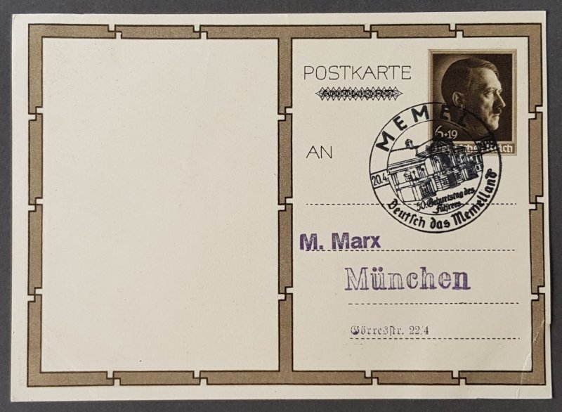 Third Reich Original Propaganda Postcard Hitler Birthday Posted Memel ...