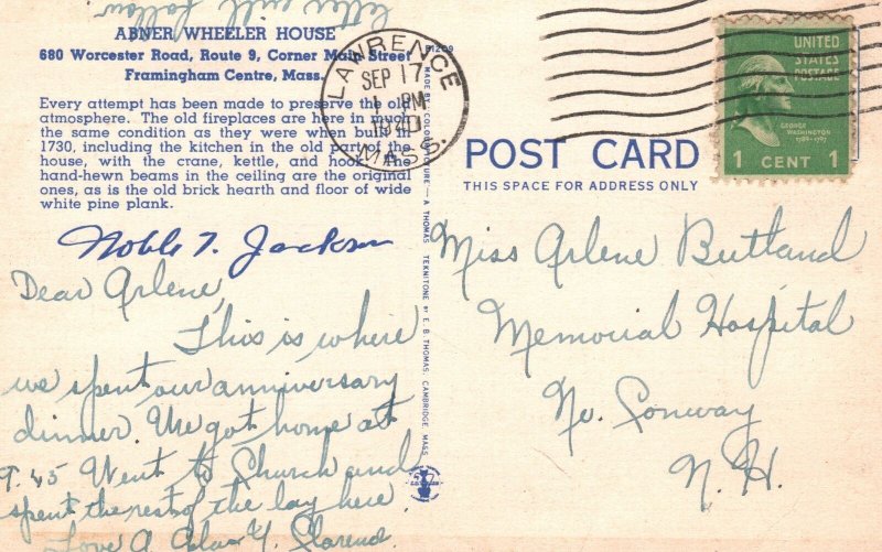 Vintage Postcard 1940's Abner Wheeler House Framingham Center ...