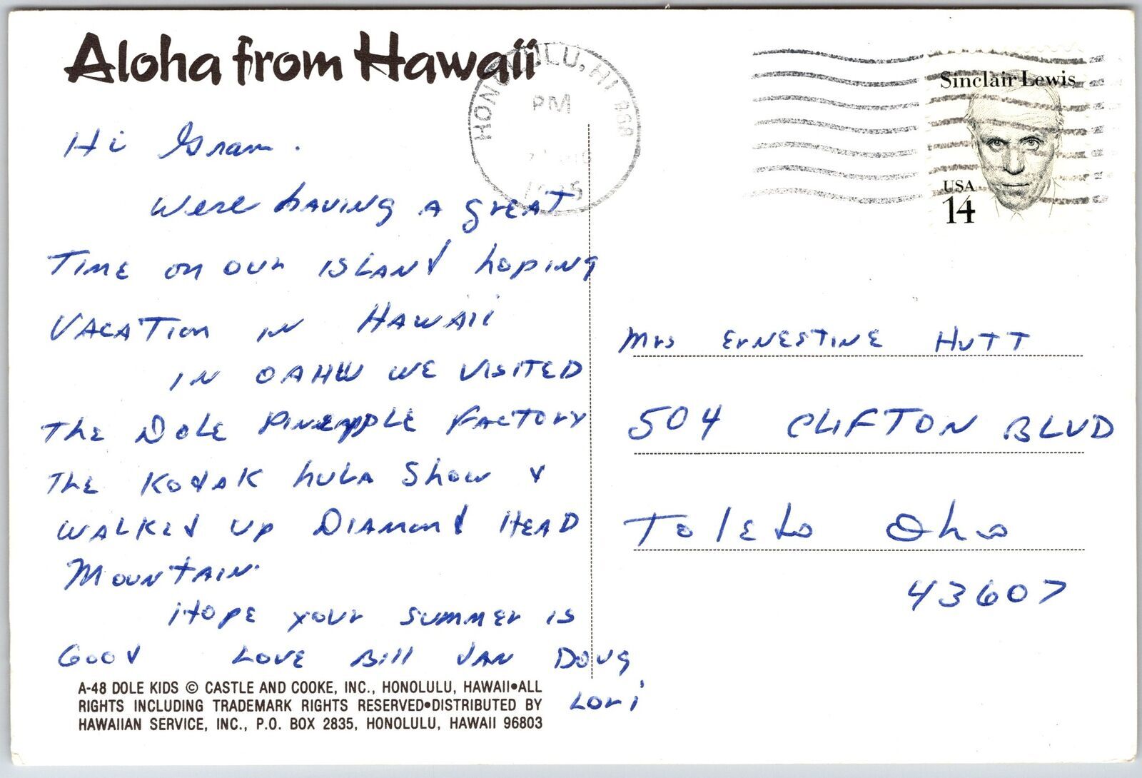 1975 Dole Kids Castle & Cooke, Inc. Honolulu Hawaii HI Souvenir Posted ...