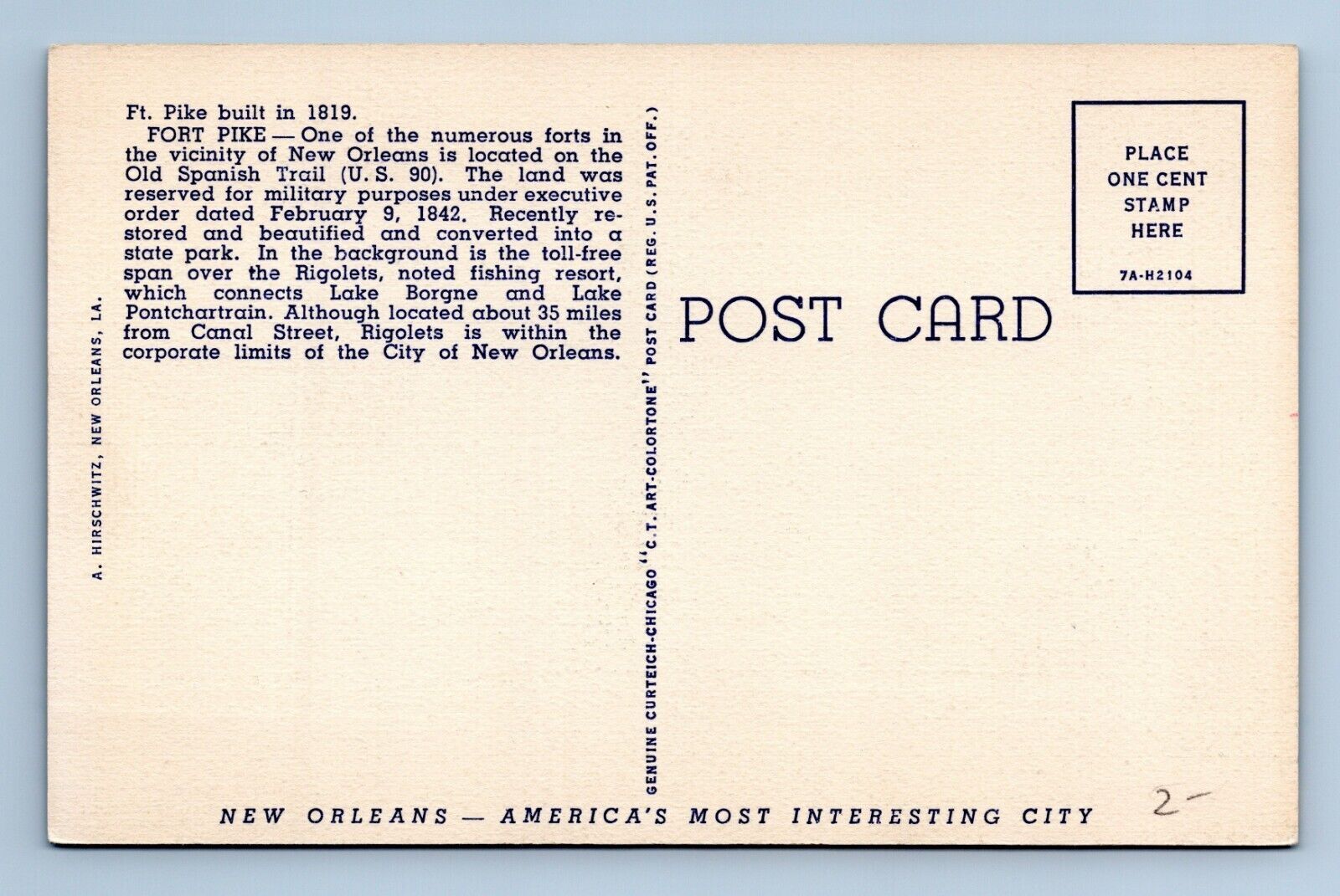 Fort Pike and Rigolets Bridge Birds Eye New Orleans LA UNP Linen ...