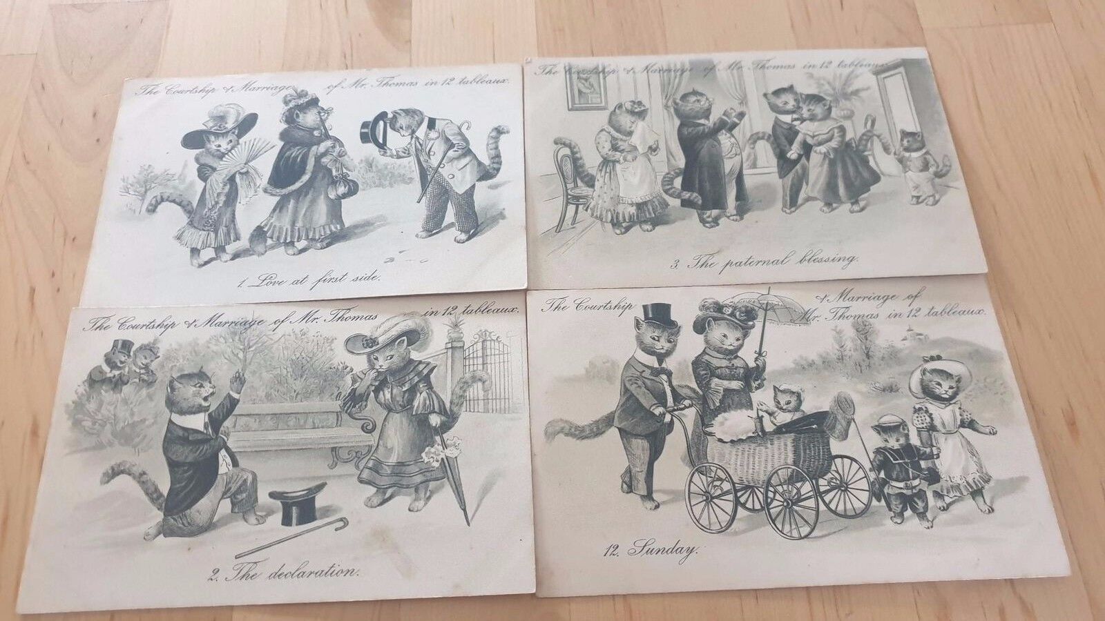 Collection set 12 postcards The courtship Marriage of Mr Thomas cat ...