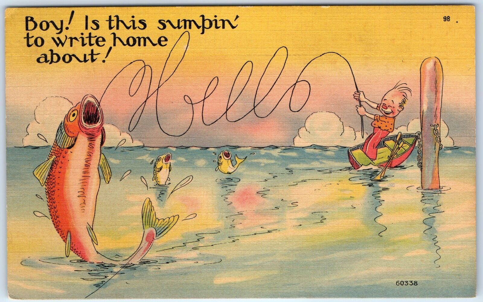 c1940s Comic Fishing Exaggerated Hello Pole Line Linen PC Boat "Write ...