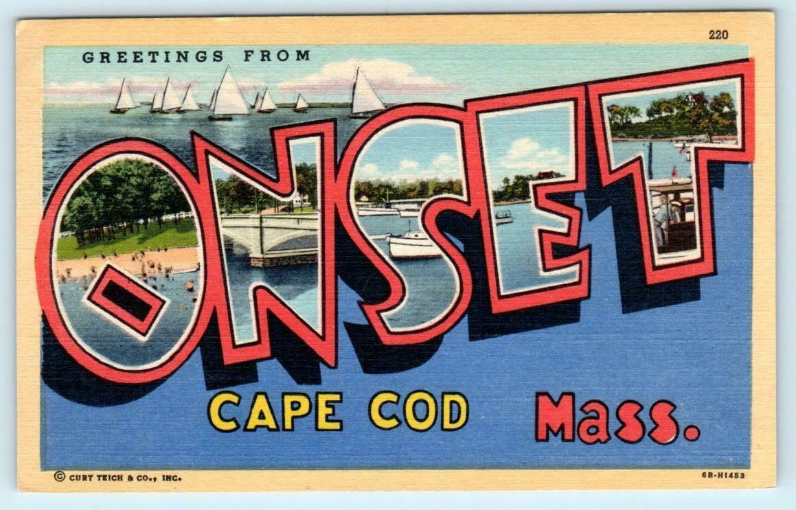 Large Letter Linen ONSET, CAPE COD Massachusetts MA ~ Curteich 1940s ...