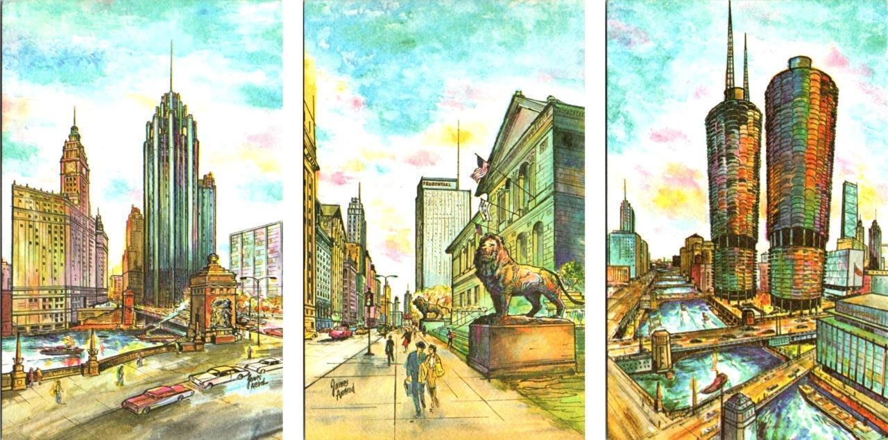 3~Postcards IL, Illinois CHICAGO ART By JAMES AXELROD Michigan Ave ...
