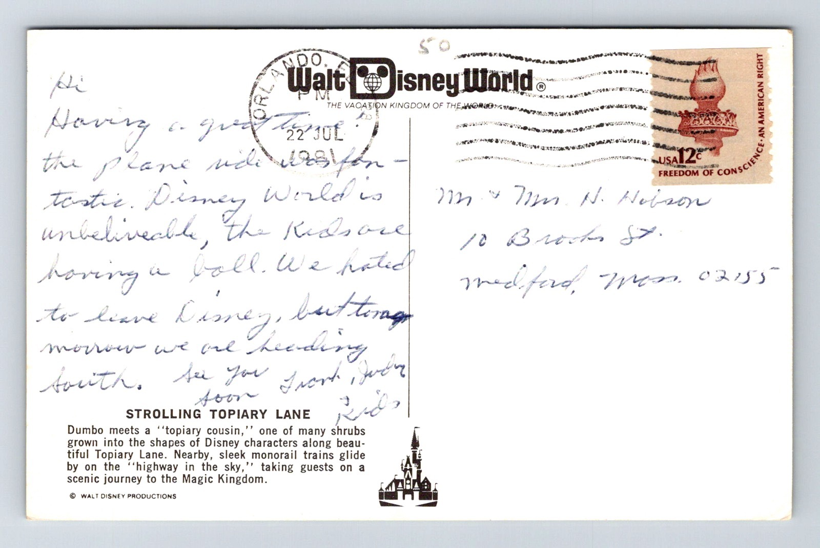 Strolling Topiary Lane Dumbo Disney Magic Kingdom FL Postcard PM ...