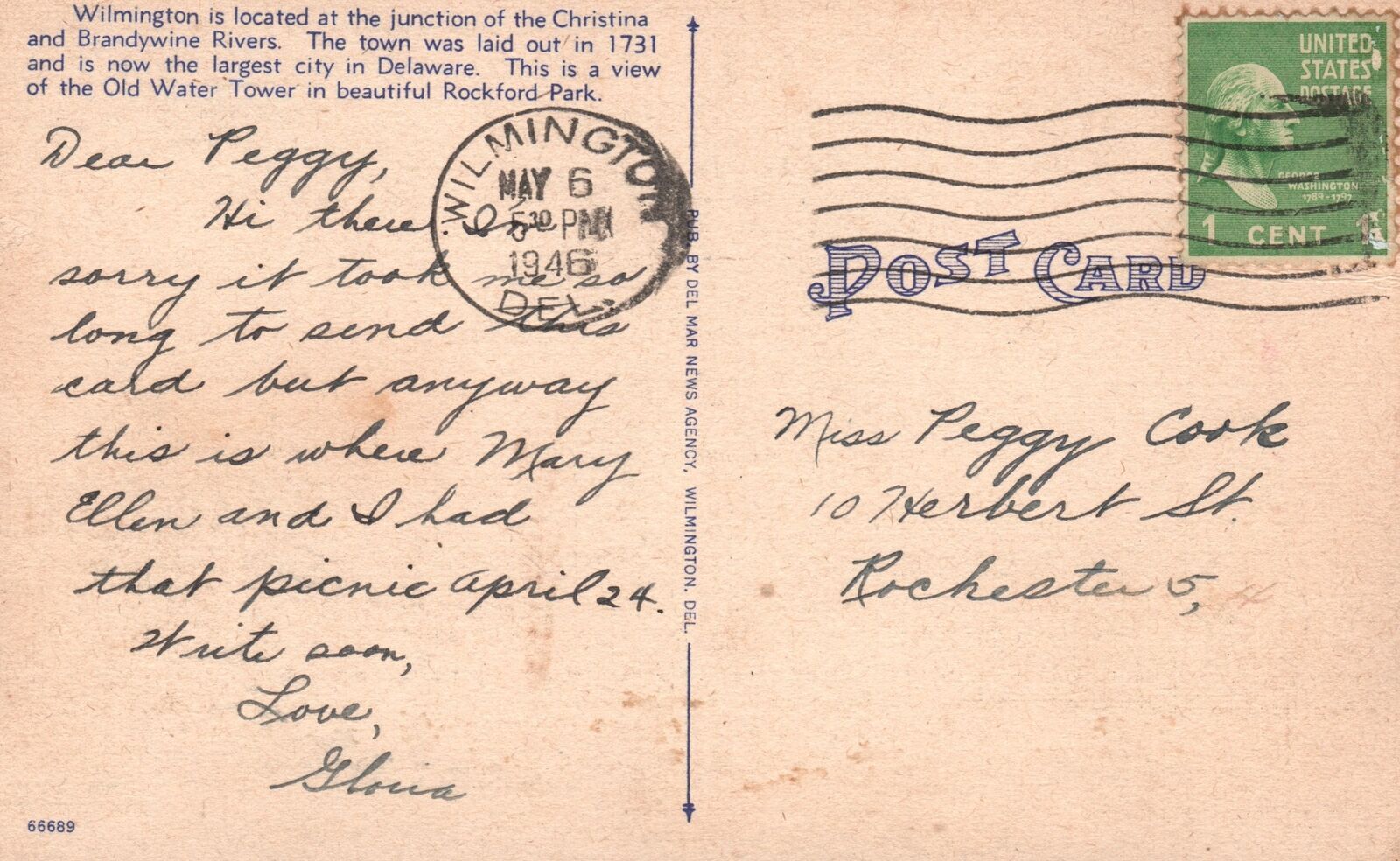 Vintage Postcard 1946 The Old Water Tower Rockford Park Wilmington ...