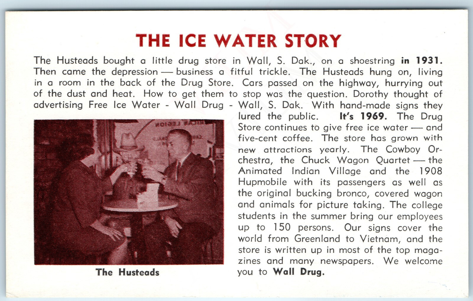 1969 Wall, SD Ice Water Story Hustead Wall Drug Store History Card ...