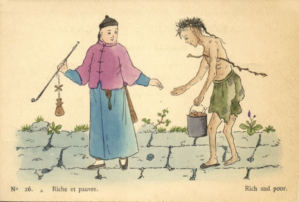 china, Rich & Poor, Smoking (1930s) Chefoo, Hand Coloured Mission ...