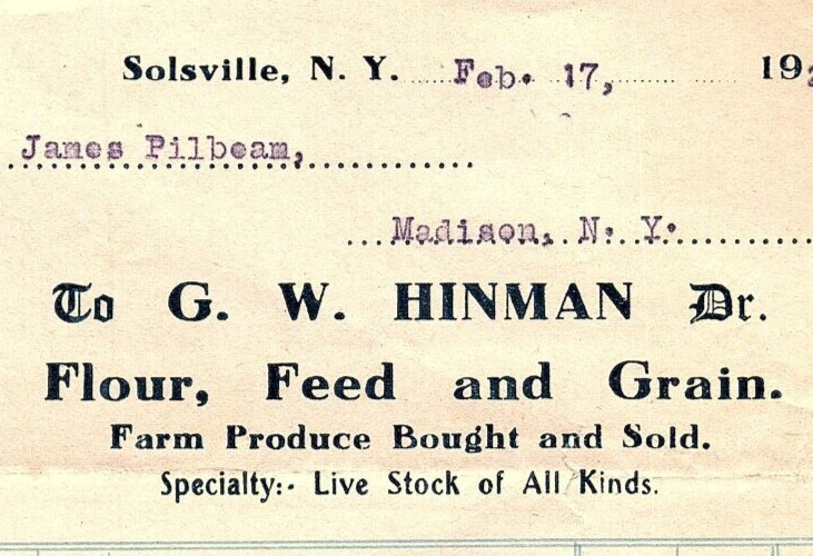 1920 G.W. Hinman DR Solsville NY Flour Feed and Grain Live Stock ...