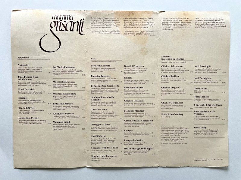 Vintage 80s MAMA GRASANTI Italian Restaurant Dinner Menu Louisville ...