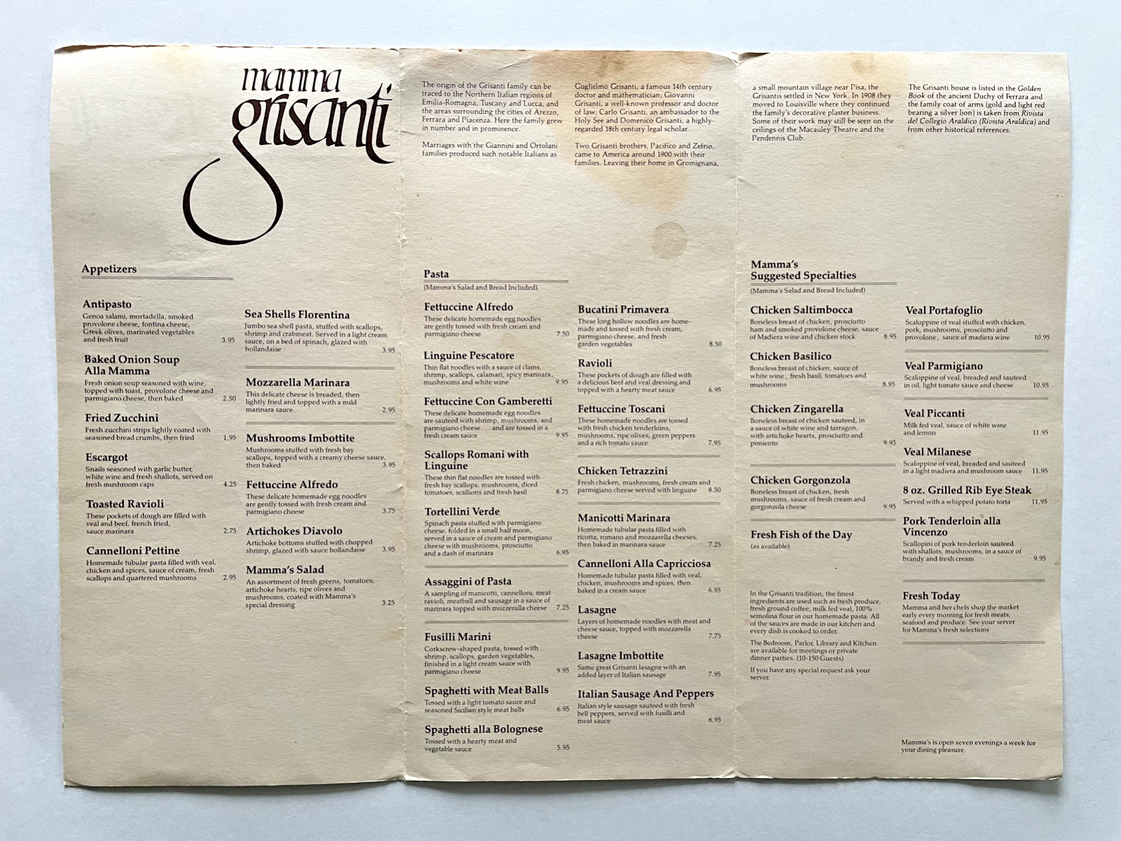 Vintage 80s MAMA GRASANTI Italian Restaurant Dinner Menu Louisville ...