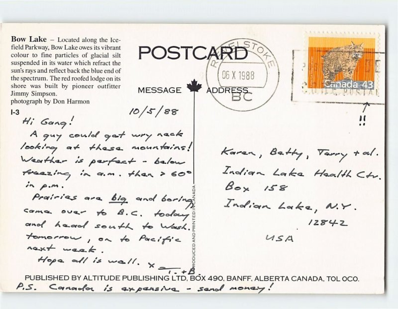 Postcard Bow Lake, Icefield Parkway, Banff National Park, Canada ...