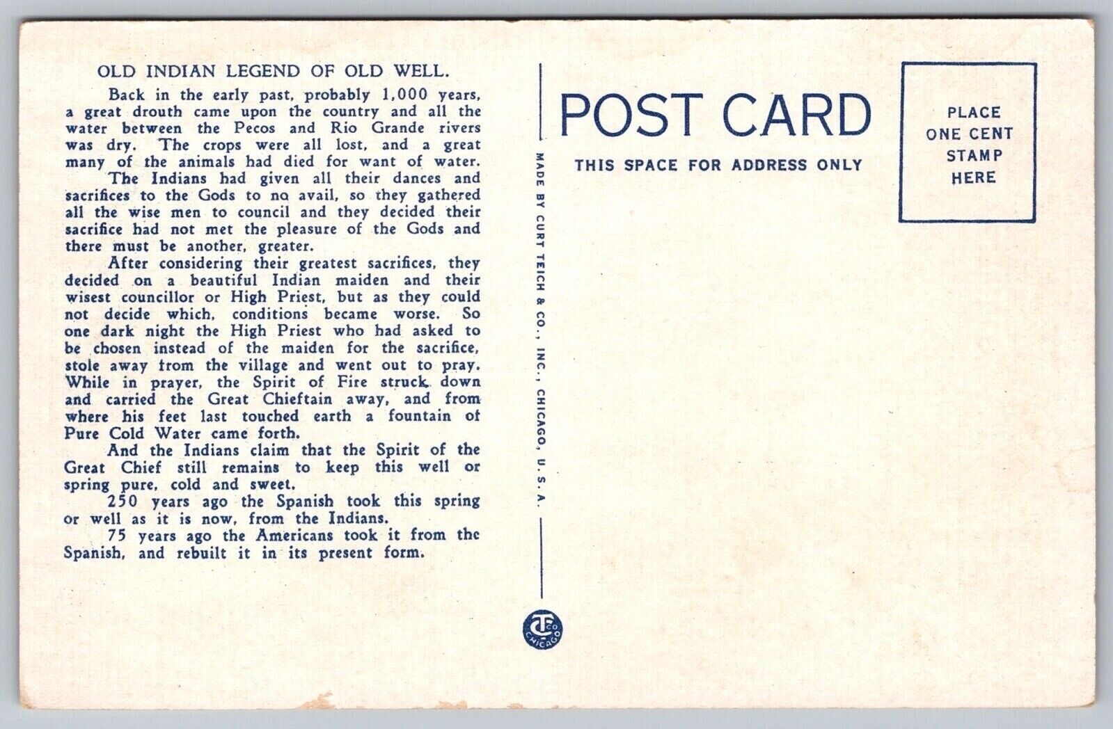Oldest Well Historic Old Indian Spanish Well WB Postcard UNP VTG Curt ...