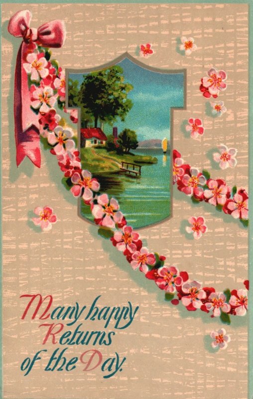 Vintage Postcard 1909 Many Happy Returns of the Day Pink Flower House ...