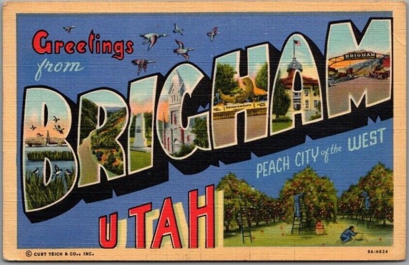 Vintage 1945 BRIGHAM, Utah Large Letter Postcard "Peach City of the ...