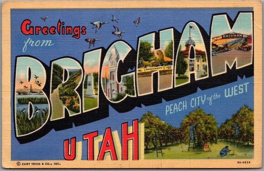 Vintage 1945 BRIGHAM, Utah Large Letter Postcard "Peach City of the ...