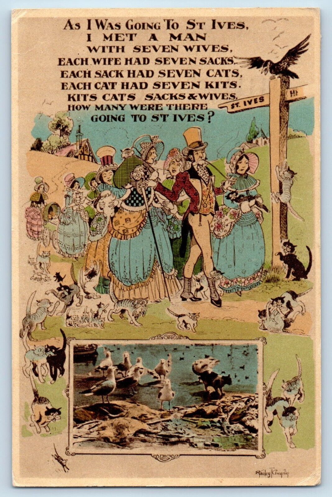 Signed Artist Postcard Man With Seven Wives Going To Ives St. Ives ...